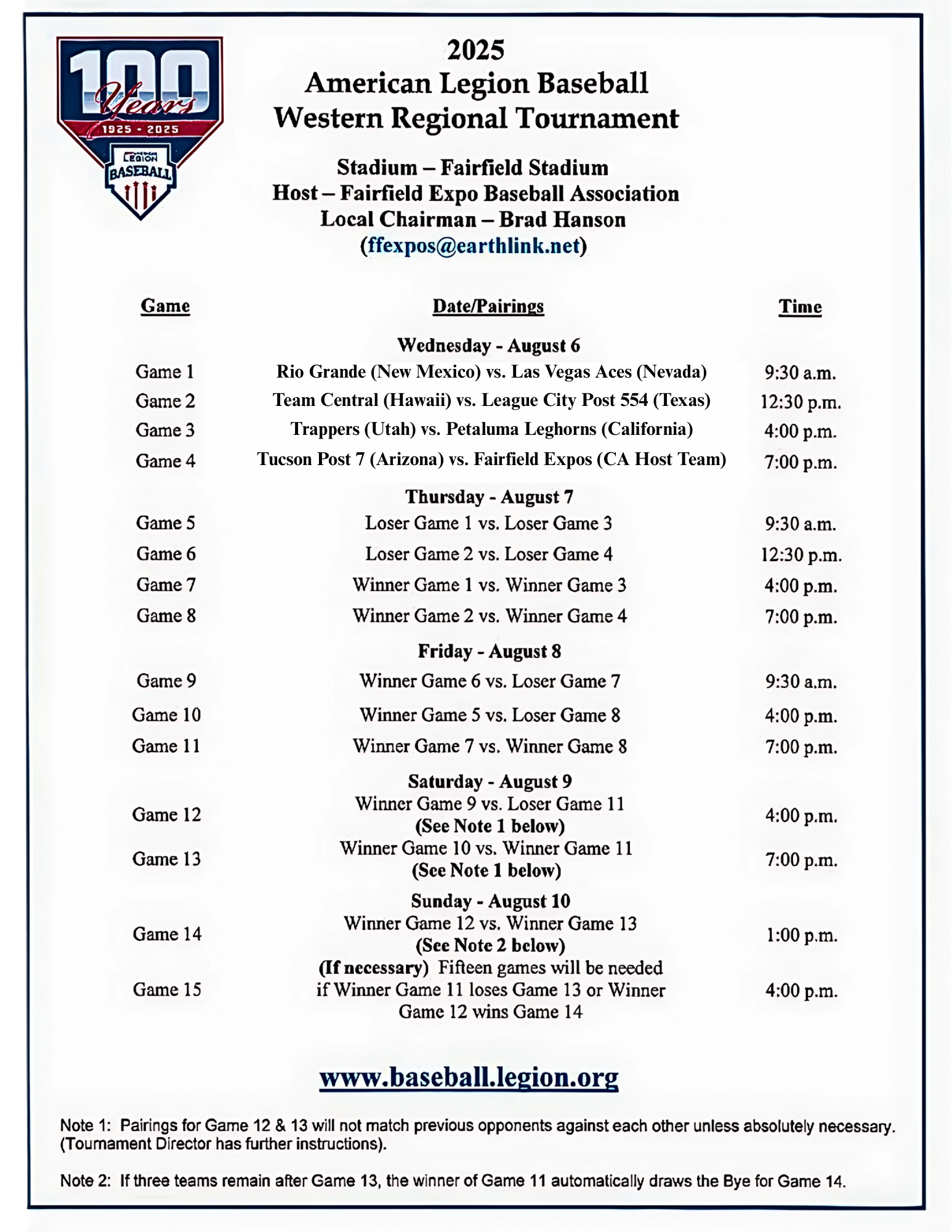 American Legion Baseball Western Regional Tournament Schedule ...
